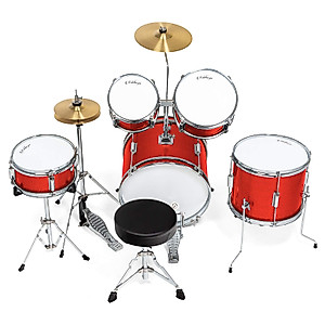 Ashthorpe 5-Piece Complete Junior Drum Set with Genuine Brass Cymbals - Advanced Beginner Kit with 16" Bass, Adjustable Throne, Cymbals, Hi-Hats, Pedals & Drumsticks - Red