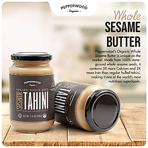 Organic Whole Sesame Tahini Paste - Unhulled & Stone-Ground - Silky Smooth Texture in Hummus, Dips, Dressings - Unsalted, Nut-Free, Kosher, Paleo, Keto 11.6 oz Glass Jar (2-Pack) Pepperwood Organics