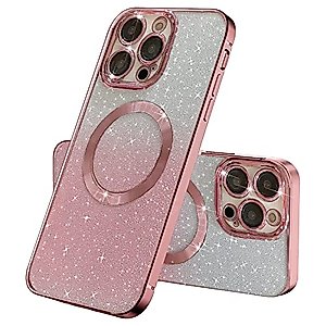 HYUEKOKO Compatible with iPhone 13 Pro Max Magnetic Gardient Glitter Case, Plating Bling Cute Case with MagSafe for Women Girls Full Camera Protector Back Cover for iPhone 13 Pro Max 6.7'' Pink
