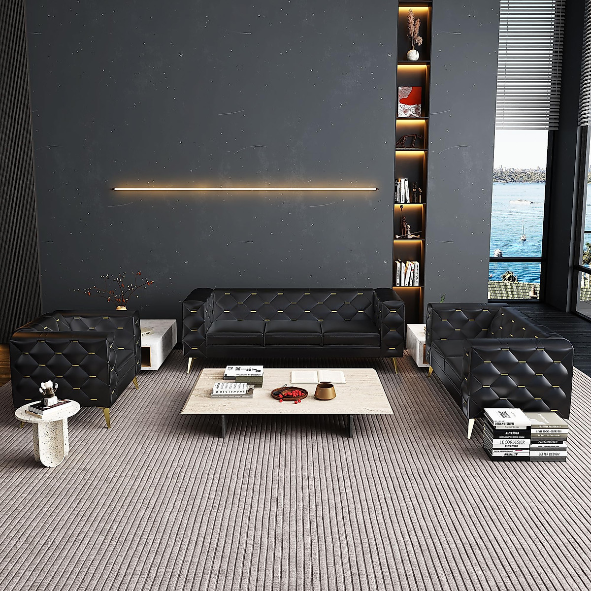 Chesterfield Loveseat, Faux Leather Upholstered 2 Seater Couch with Square Arms and Tufted Back, Mid-Century Modern Sofa Couch with Metal Buckle Decor for Living Room, Office, Bedroom (Black)