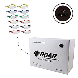 ROAR Assorted Safety Glasses 12 pairs per box Eyewear Protective Glasses Safety Goggle Airsoft Goggle, Strong Impact Resistant Lens for Laboratory, Construction, gardening,Industrial Safety, Craft