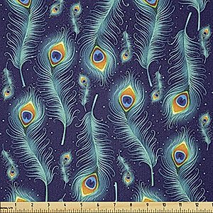 Ambesonne Peacock Fabric by The Yard, Graphic Peacock Bird Feathers Background Designed Image, Stretch Knit Fabric for Clothing Sewing and Arts Crafts, 2 Yards, Navy Blue