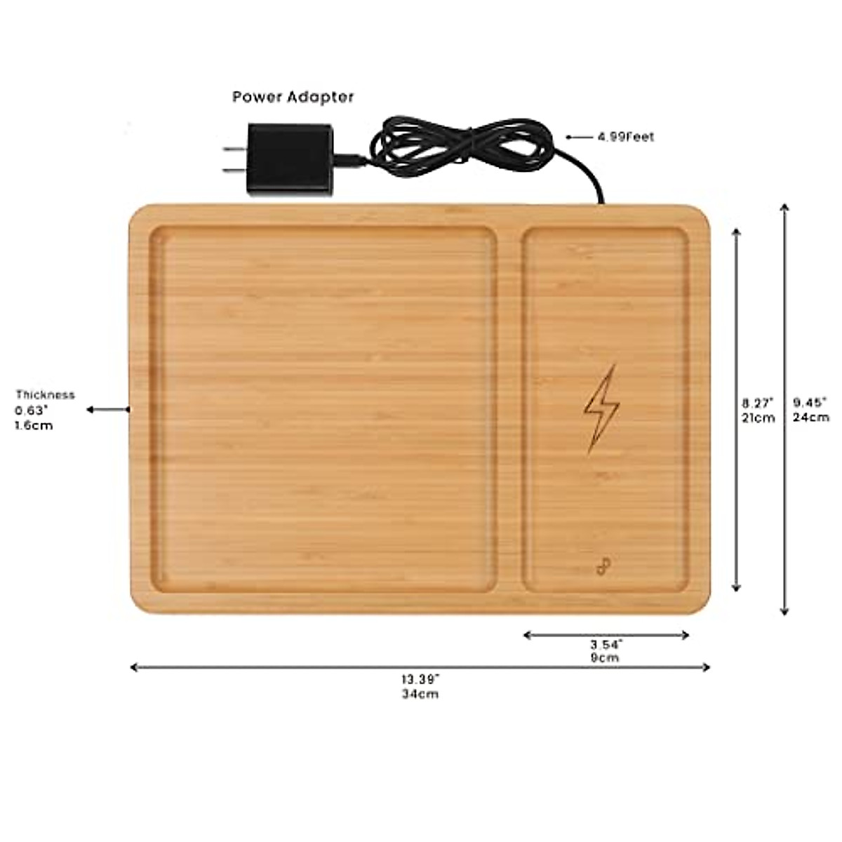 [PJ Collection] Bamboo Organizer Valet Tray with Wireless Charging, Desk and Night Stand Organizer, 2 in 1, 15W Charging Station，Wireless Charging Station