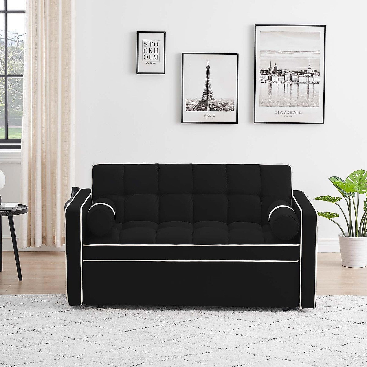 Antetek Upgraded Sleeper Sofa Couch Bed with Phone Holder, 3 in 1 Small Modern Convertible Velvet Loveseat Futon Sofa w/Pullout Bed, Adjustable Backrest for Living Room Apartment, Small Space, Black