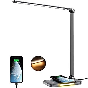 AFROG 4th Gen Multifunctional LED Desk Lamp with 10W Fast Wireless Charger,USB Charging Port,1200Lux Super Bright,5 Lighting Mode,7 Brightness,40 Min Timer,Night Light Function,5000K,12W,Grey