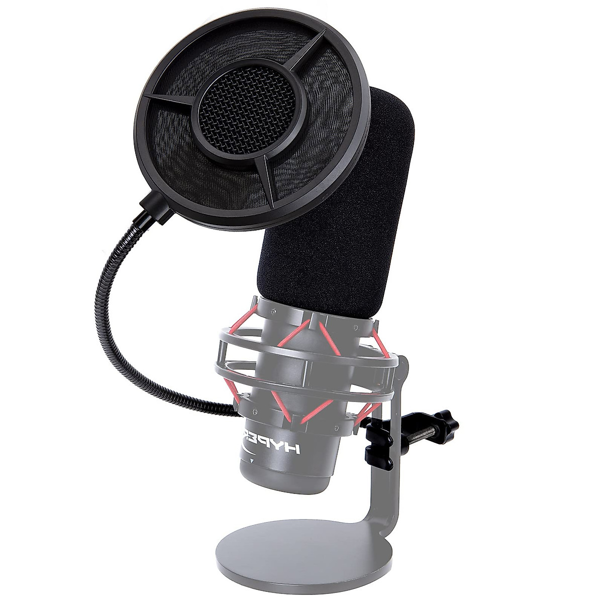 SUNMON Mic Pop Filter with Windsrceen Foam Cover,Compatible with HyperX QuadCast,6 Layered Wind Pop Screen with Flexible 360° Gooseneck Clip Stabilizing Arm for Improve sound quality,Noise reduction