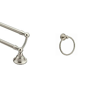 Moen Sage Collection Spot Resist Brushed Nickel 24-Inch Double-Towel Bar & Preston Collection Spot Resist Brushed Nickel 7-inch Bathroom Hand Towel Ring