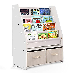 MallBest Childrens Bookshelf Kids Sling Book Rack with Two Storage Boxes and Toys Organizer Shelves Natural Solid Wood Baby Bookcase