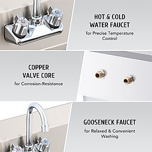 WILPREP Commercial Stainless Steel Sink for Hand Washing, NSF Commercial Utility Sink with Gooseneck Faucet, Wall Mount Kitchen Sink for Restaurant Bar RV Bathroom Laundry Room (17 x 15 Inches)