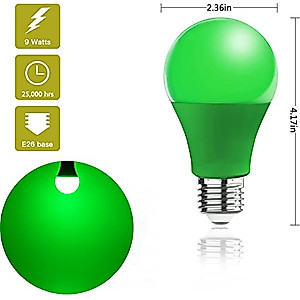 4 Pack LED Green Light Bulbs - A19 9Watts with E26 Base 60w Equivalent LED Green Bulb for Wedding Halloween Christmas Party Bar Decor, Porch, Home/Holiday Lighting, Decorative Illumination Green Bulb