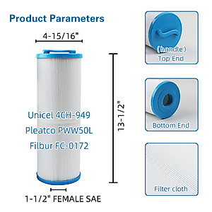 ROLFILLT 4CH-949 Spa Filter Replaces Unicel 4CH-949, Pleatco PWW50L, Filbur FC-0172, SD-01143, 817-4050, Rising Dragon 50, Waterway Teleweir 50 sqft Filter Cartridge 2 Pack