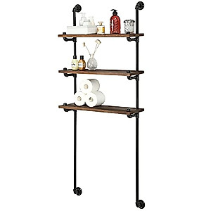 MyGift Wall Mounted Rustic Industrial Pipe Over-The-Toilet Storage Shelf with Burnt Solid Wood 3 Tier Display Shelves, Bathroom Shelf Rack
