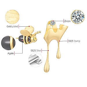 Lotus Fun S925 Sterling Silver Earrings Bee and Dripping Honey Asymmetric Stud Earrings for Women, Creative Handmade Unique Jewelry Gifts (Gold)