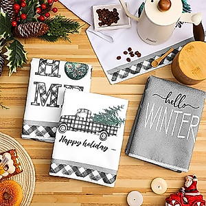 Oudain Sets of 6 Christmas Kitchen Towels and Dishcloths Xmas Tree Truck Dish Towels Hello Winter Kitchen Hand Towels Kit Christmas Novelty Gifts for Christmas Party Supplies