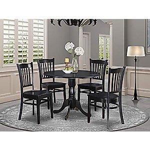 East West Furniture Dublin 5 Piece Room Set Includes a Round Dining Table with Dropleaf and 4 Wood Seat Chairs, 42x42 Inch, Black