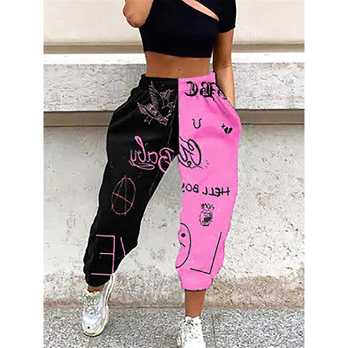 Mylleure Women Printed Baggy Sweatpants Pockets High Waisted Joggers Pants Contrast Color Sporty Workout Athletic Lounge Trousers (B Black + Pink Symbol, M)