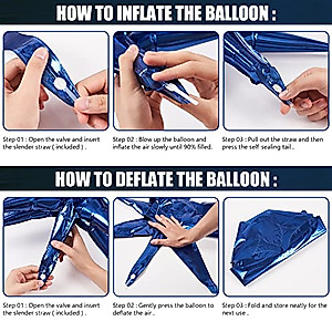 PartyWoo Dark Blue Star Balloons 6 pcs, One-Piece 14-Pointed Starburst Balloons, 27 & 22 inch Star Explosion Balloons with Ribbon, Point Star Foil Balloons, Large Mylar Balloons for Party Decorations