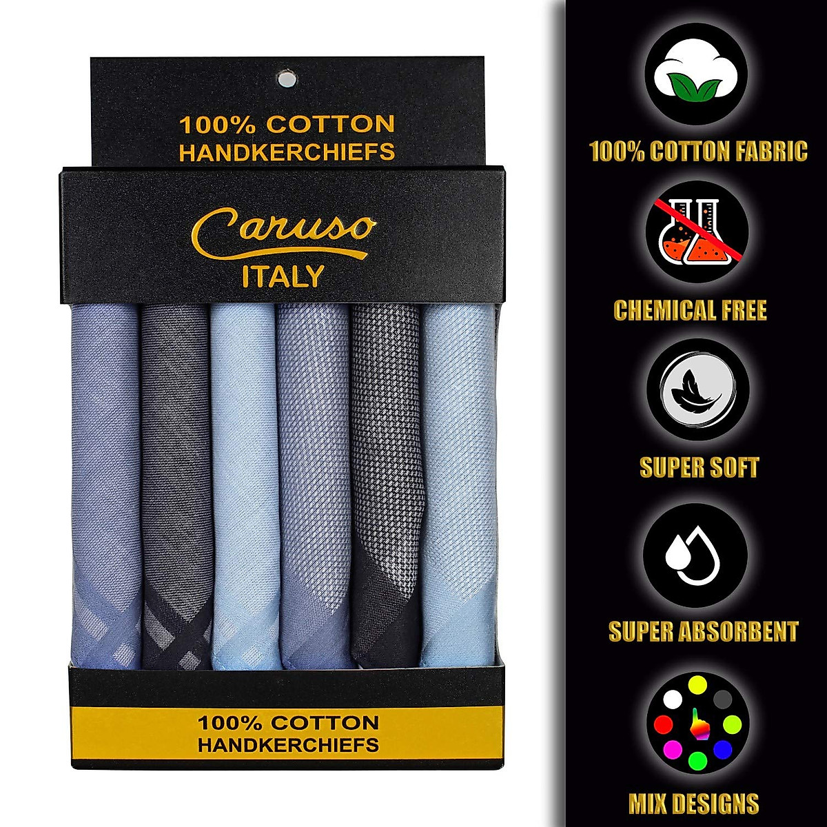 Caruso Italy Men's Italia Denim 100% Pure Cotton Handkerchief (Multicolor) (Light Denim, 6)