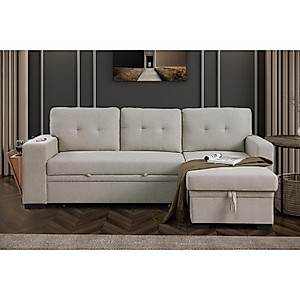 Devion Furniture Fabric Reversible Modern Side Compartment Sleeper Sectional Sofa Bed Light Gray