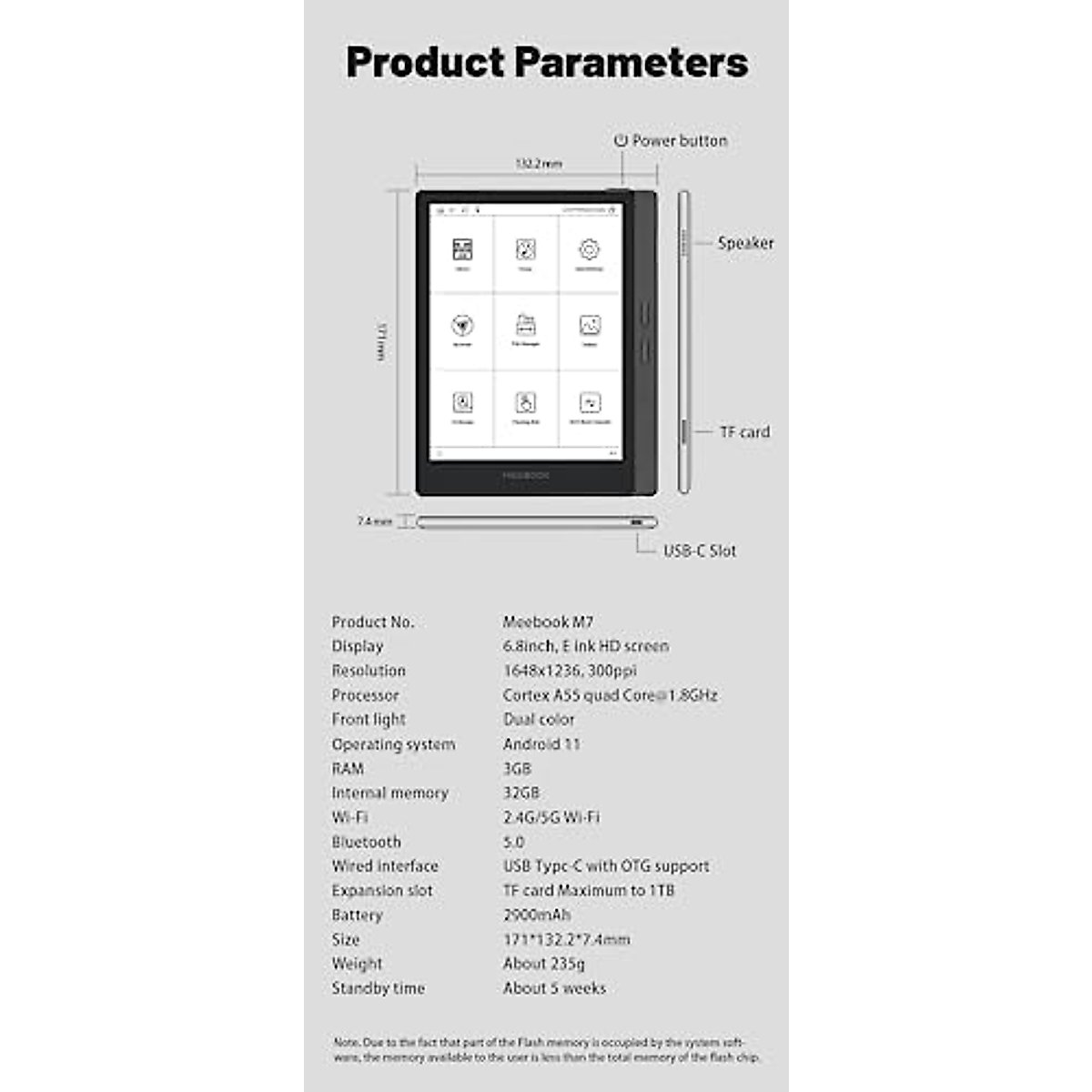 Meebook E-Reader M7 | 6.8' Eink Carta Screen | 300PPI Smart Light | Android 11 | Ouad Core Processor | Out Speaker | Support Google Play Store | 3GB+32GB Storage | Micro-SD Slot | Gray