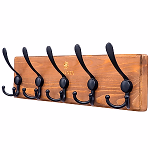 NOVANEX Rustic Wall Mounted Coat Rack: Solid Premium Pine Wood Plank Coat Hanger, 16 inches Hole to Hole, Heavy Duty Vintage Farmhouse Entryway Clothes Hanger with 5 Triple Hooks
