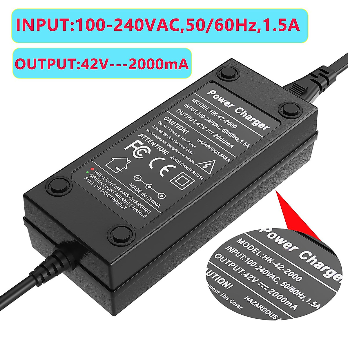 Jucuwe 42V 2A Power Adapter Powerfast 3-Prong Connector for 36V Sports Mod,and Pocket Mod 10S Lithium Battery,Charger Replacement for Electric Scooter