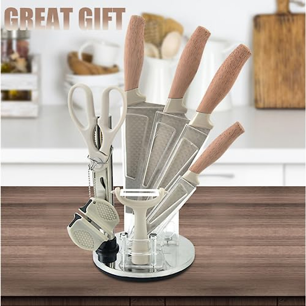Kitchen Knife Set, 8-Piece Khaki Super Sharp Knife Set with Block, Kitchen Knife Block Set Stainless Steel Sturdy Durable Kitchen Knives, Non-stick Cooking Knives Sets with Knife Shapener (Khaki)