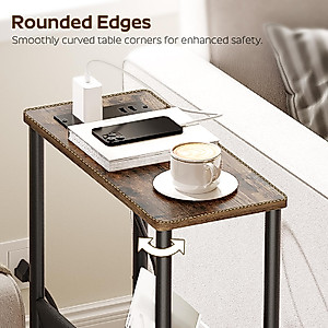 YATINEY Narrow End Table with Charging Station, Slim Side Table with Storage, Skinny End Table with Magazine Holder, Narrow End Table, Nightstand for Bedroom, Living Room, Rustic Brown ET05BR