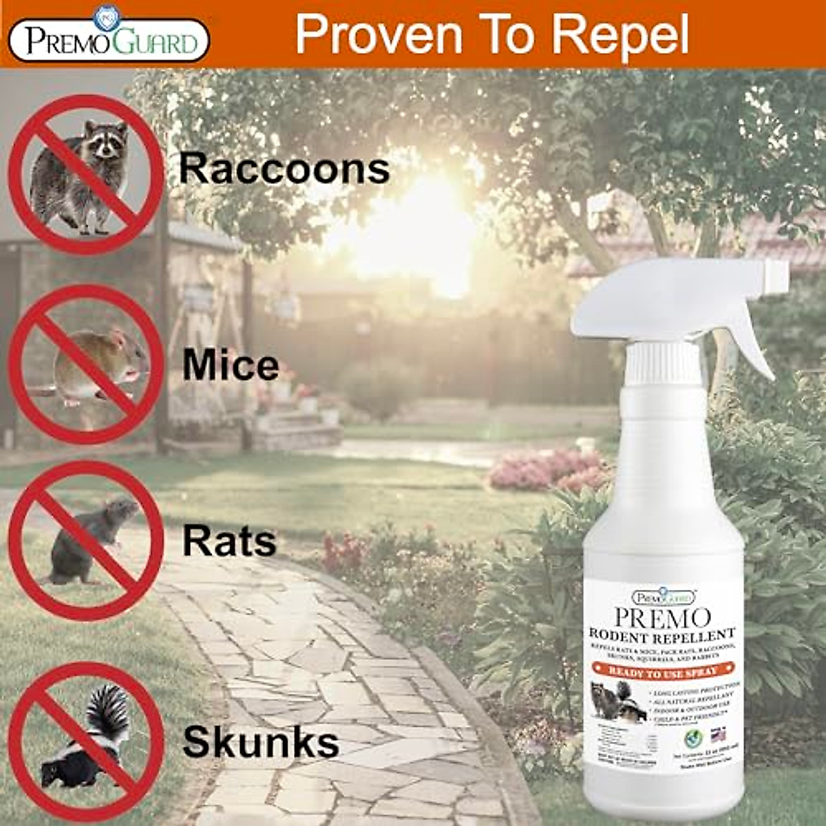 Rodent Repellent Spray by Premo Guard - 32 oz - Natural Child & Pet Safe - Uses Peppermint Oil to Repel Mice, Rats, Skunks, Raccoons, Deer & Other Unwanted Animals - Ready to Use for Indoor & Outdoor