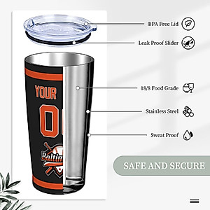 Baltimore Custom Baseball 20oz Tumbler,Add Personalized Name And Number,Personalized Travel Coffee Mug, Stainless Steel, Insulated, Keep Drinks Cold And Hot,Gifts For Baseball Fans