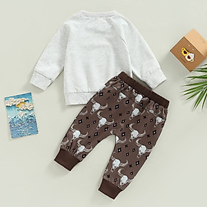 Omkzanbi Baby Western Cowboy Clothes Cow Printed Sweatshirt Pullover Retro Boho Jogger Pants Toddlers Boy Fall Winter Outfit (Howdy Western Cowboy Suit, 18-24 Months)