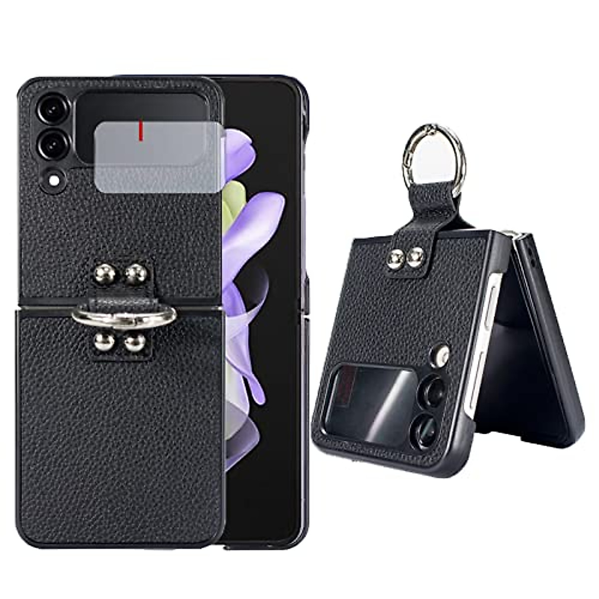 Vitodo for Galaxy Z Flip 4 Case with Ring Holder, Genuine Leather Material Built-in Back Screen Protector Shockproof Protective Phone Cover Slim fit for Samsung Galaxy Z Flip4 5g (2022) - Black