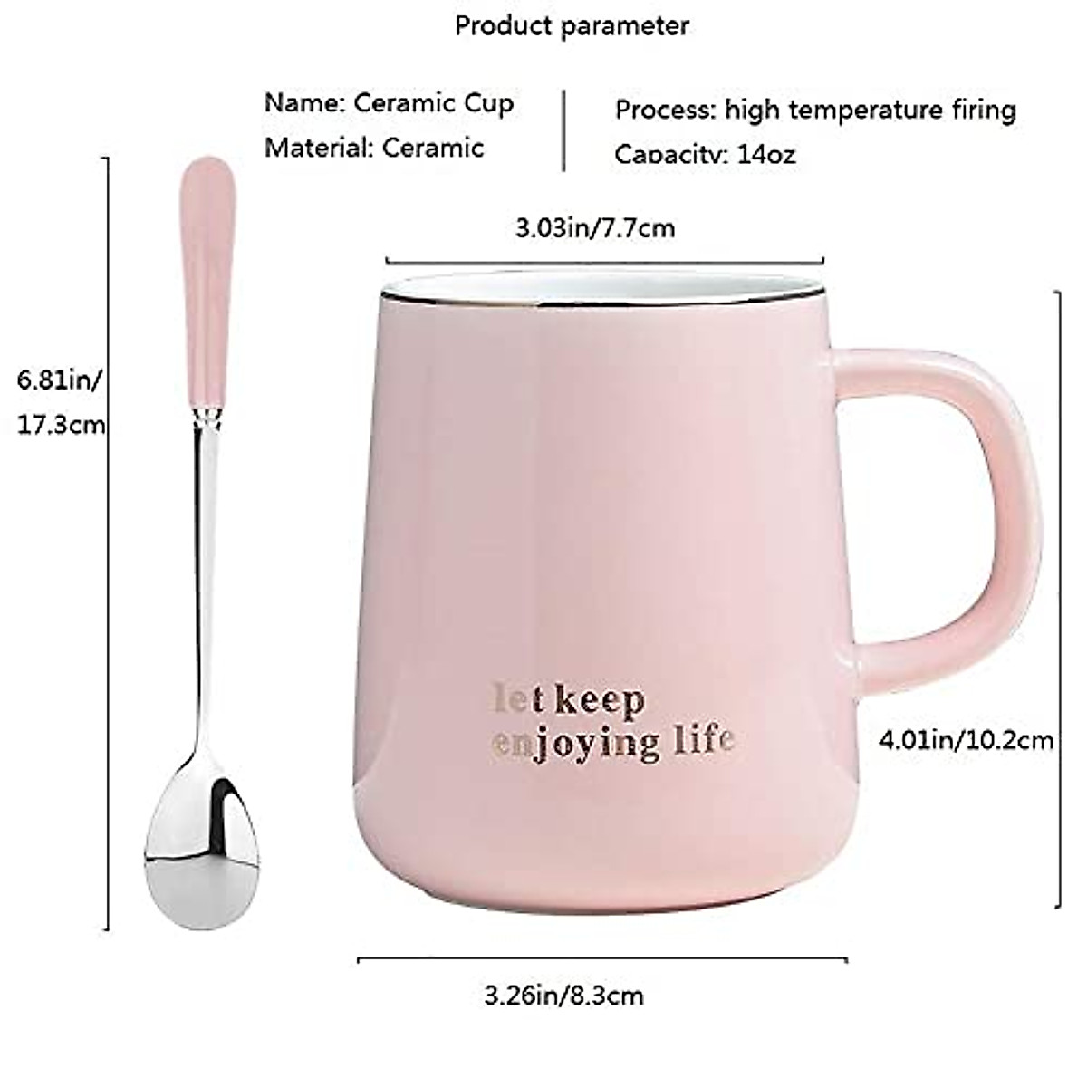 Ceramic Mug Birthday Gifts for Women China Tea Cups with Spoon Coffee Cup Suitable for Making Tea,Cold Drinks,Hot Drinks,Coffee,Etc(Pink,14.5oz)