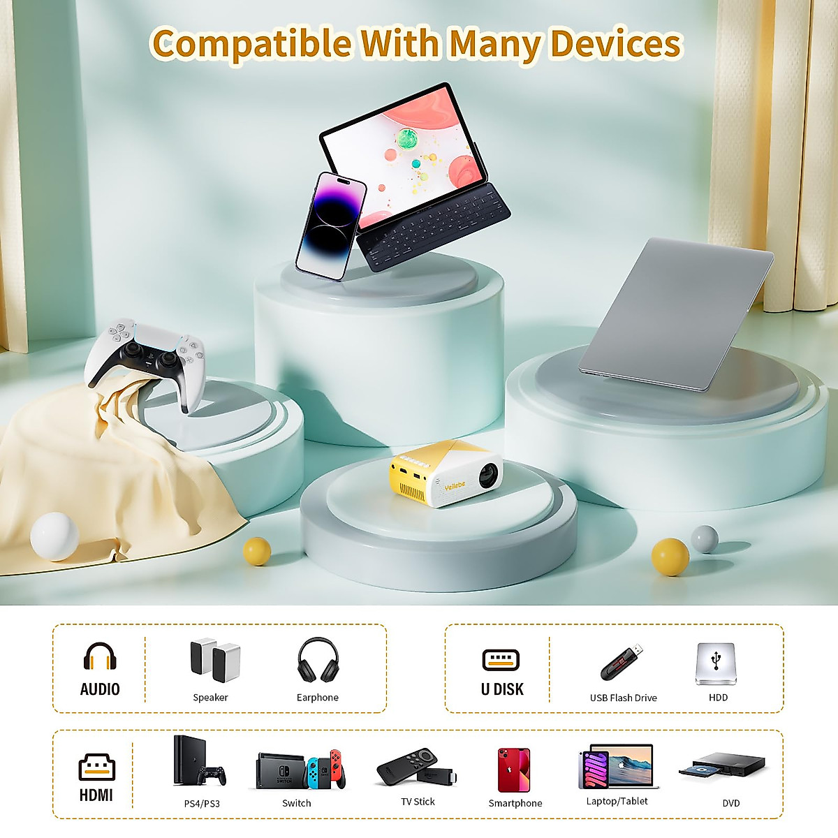 Mini Projector, yeilebe Video Projector, Portable Projector Supported 1080P Full HD & 170" Display Compatible with Phone,TV Stick,PS4 Mini projector Great for Home Theater Outdoor Movies