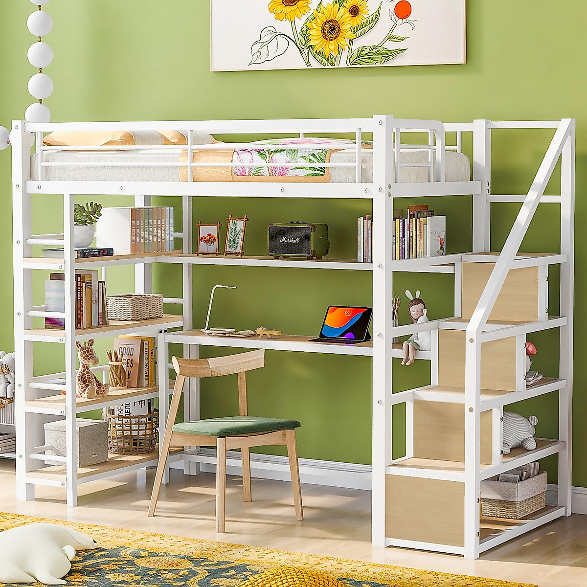 3 in 1 Design Full Size Loft Bed with Storage Staircase, Heavy Duty Metal Loft Bed Frame with Built-in Desk,3-Tier Storage Shelves and Guardrails for Bedroom Guest Room Apartment, Space Saving