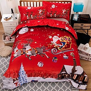 WONGS BEDDING Christmas Duvet Cover Twin Size, Reversible Santa Claus Elk Pattern Duvet Covers with Zipper Closure for Kids Teens Adults, Soft Microfiber Red Christmas Duvet Bedding Set (Red, 2PC)