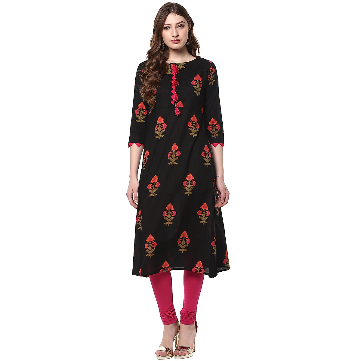 Janasya Indian Women's Tunic Tops Cotton Kurti for Women(JNE2170-KR-436-XL) Black