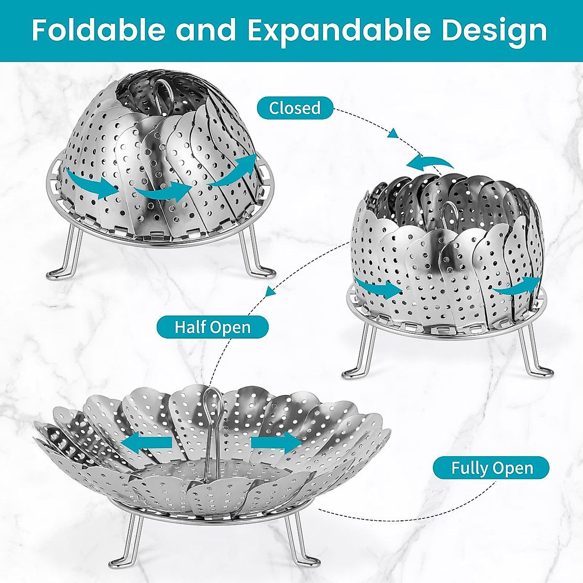 DELUXE Vegetable Steamer, Collapsible and Expandable Stainless-Steel Steam Insert Rack for Steaming Food, Compatible with Instant Pot and 3, 6, 8 Qt Cooking Pan (Small, 5.3 to 9.5 Inches)