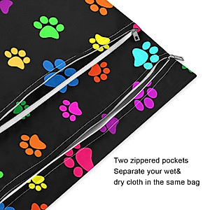 AUUXVA Colorful Dog Cat Paw Print Wet Dry Bag Set Waterproof Reusable Baby Diaper Bags Organizer with Two Zippered Pockets for Travel Beach Swimming Swimsuit Wet Clothes 2 Pack