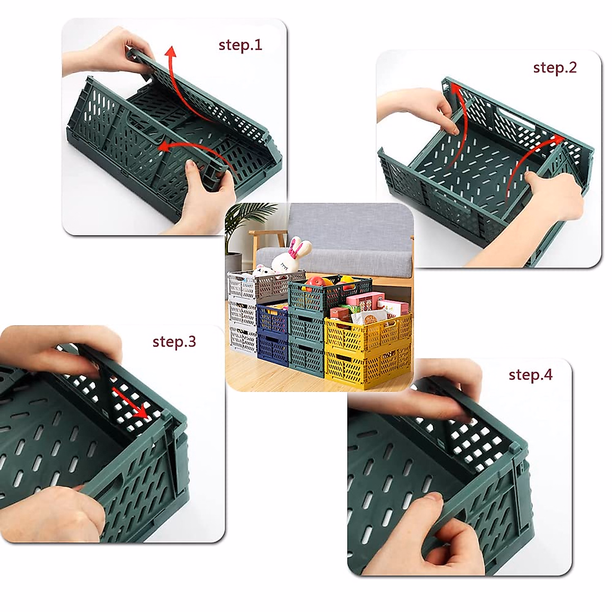 Ygapuzi Plastic Collapsible Crate Folding Storage Basket with Handle for Shelves Home Kitchen Classroom and Office Vanity Bathroom Organization Drawer Clapboard Partition (Multicolor-4pack)