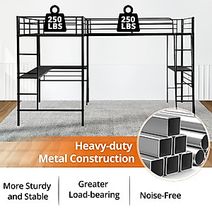 INCLAKE Twin Size L-Shaped Loft Bed with 2 Built-in Desks, Metal Loft Corner Bed with 2 Ladders and Safety Guard Rail, Heavy-Duty Bunk Bed for 2 Children Adults, Space Saving & No Noise, Black