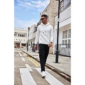 COOFANDY Men's Casual Hoodies Sweatshirt Hipster Gym Long Sleeve Drawstring Plaid Jacquard Pullover Hooded White