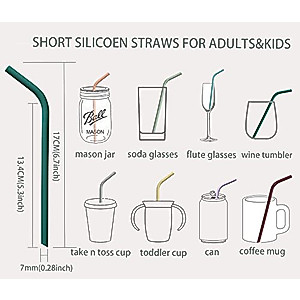 Tegion Reusable Thin Short 6.7" Cute Silicone Bendy Straws for Toddlers&Kids&Baby,6 10 12 oz Wine/Yeti Tumbler, Coffee/Cocktail Mug,Soda Cans,Take n toss Cup/BPA FREE-Small Flexible with Brushes