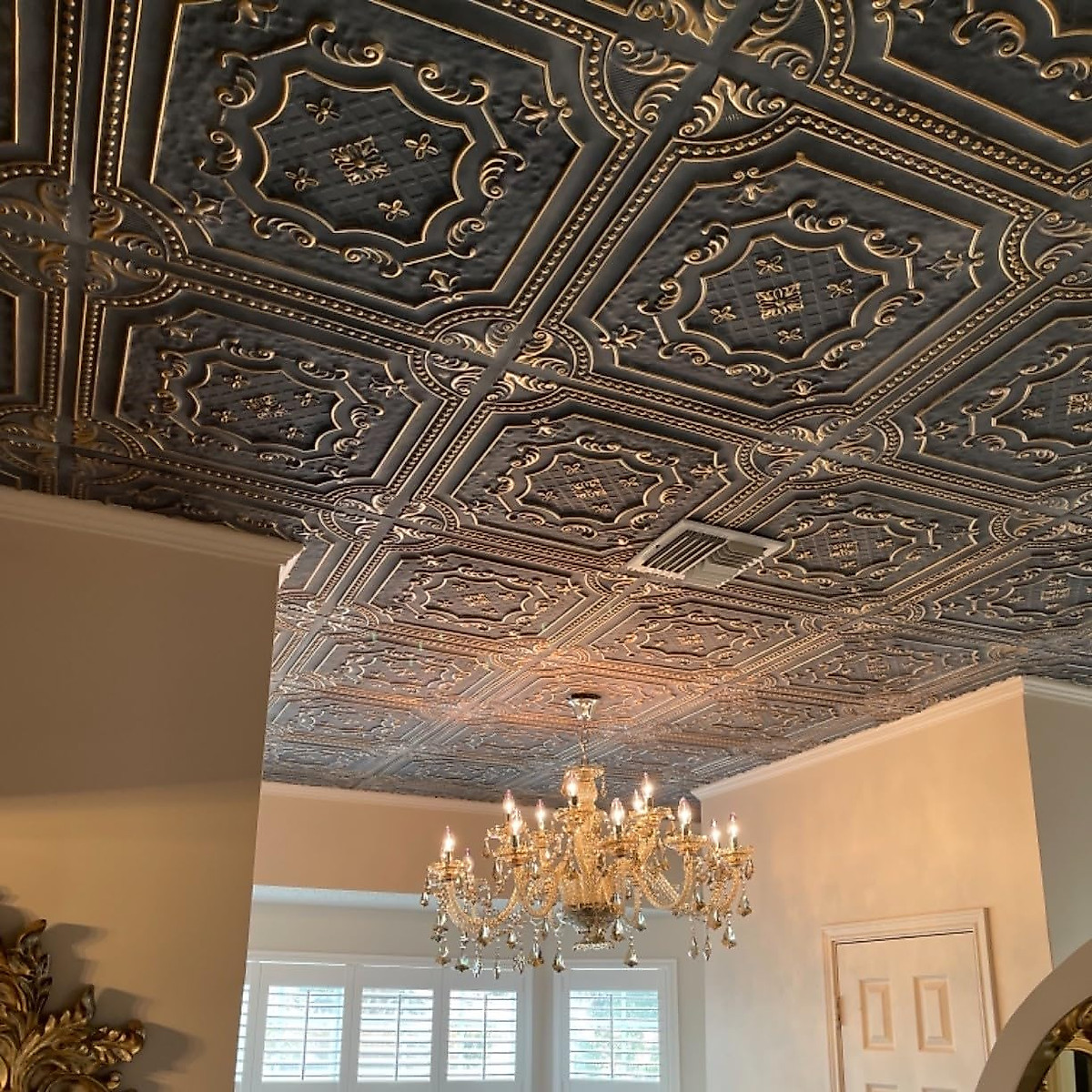 TD04 Smocked Gold Faux Tin Glue up, Drop in Ceiling Tile, Pack of 10 2'X2' Tiles. Covers 40 sq.ft. Easy to Install PVC Panels, Great for DIY Projects - Antique Vintage Look Ceiling, 3D Wall Paneling