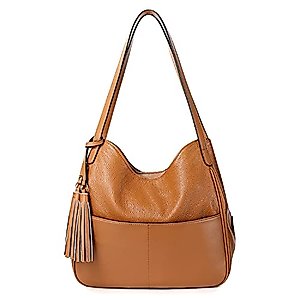 S-ZONE Women Shoulder Bag Leather Hobo Purse Medium Handbag Multi-pocket Tote with Tassel