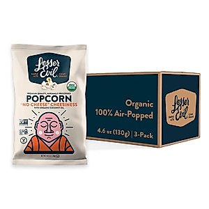 LesserEvil No Cheese Cheesiness Organic Popcorn, Premium Quality, Minimally Processed, No Vegetable Oil, 4.6 Oz, Pack of 3.