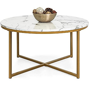 Best Choice Products 36in Faux Marble Accent Table, Modern End Table, Large Coffee Table Home Decor for Living Room, Dining Room, Tea, Coffee w/Metal Frame, Foot Caps, Designer - White/Gold