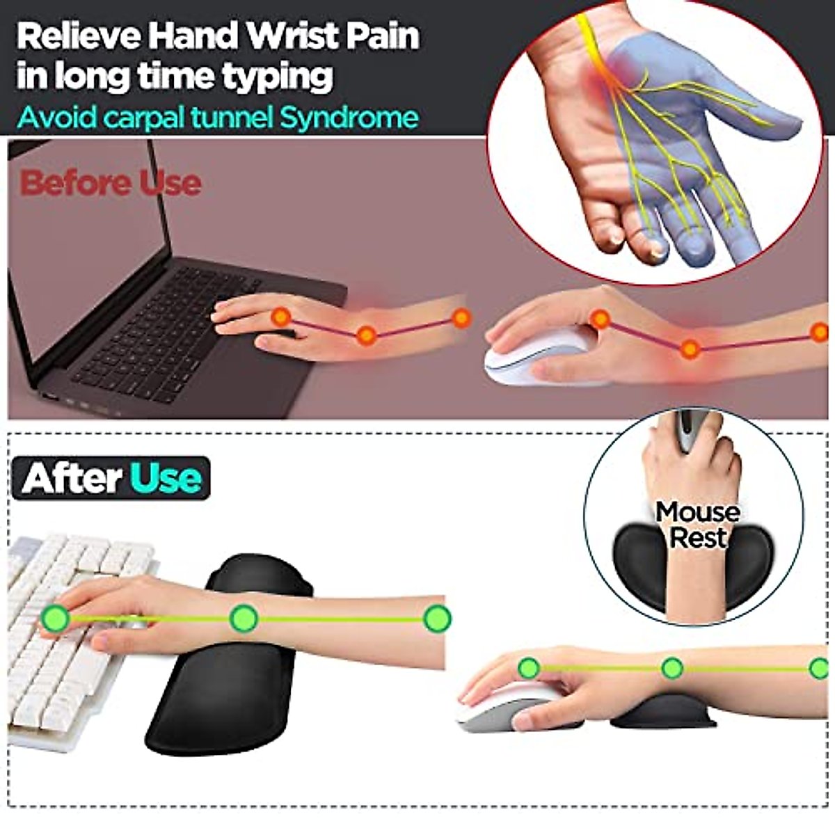 Gimars Upgrade Enlarge Gel Memory Foam Set Keyboard Wrist Rest Pad, Mouse Wrist Cushion Support for Office, Computer, Laptop, Mac, Comfortable, Lightweight for Easy Typing Pain Relief, Black