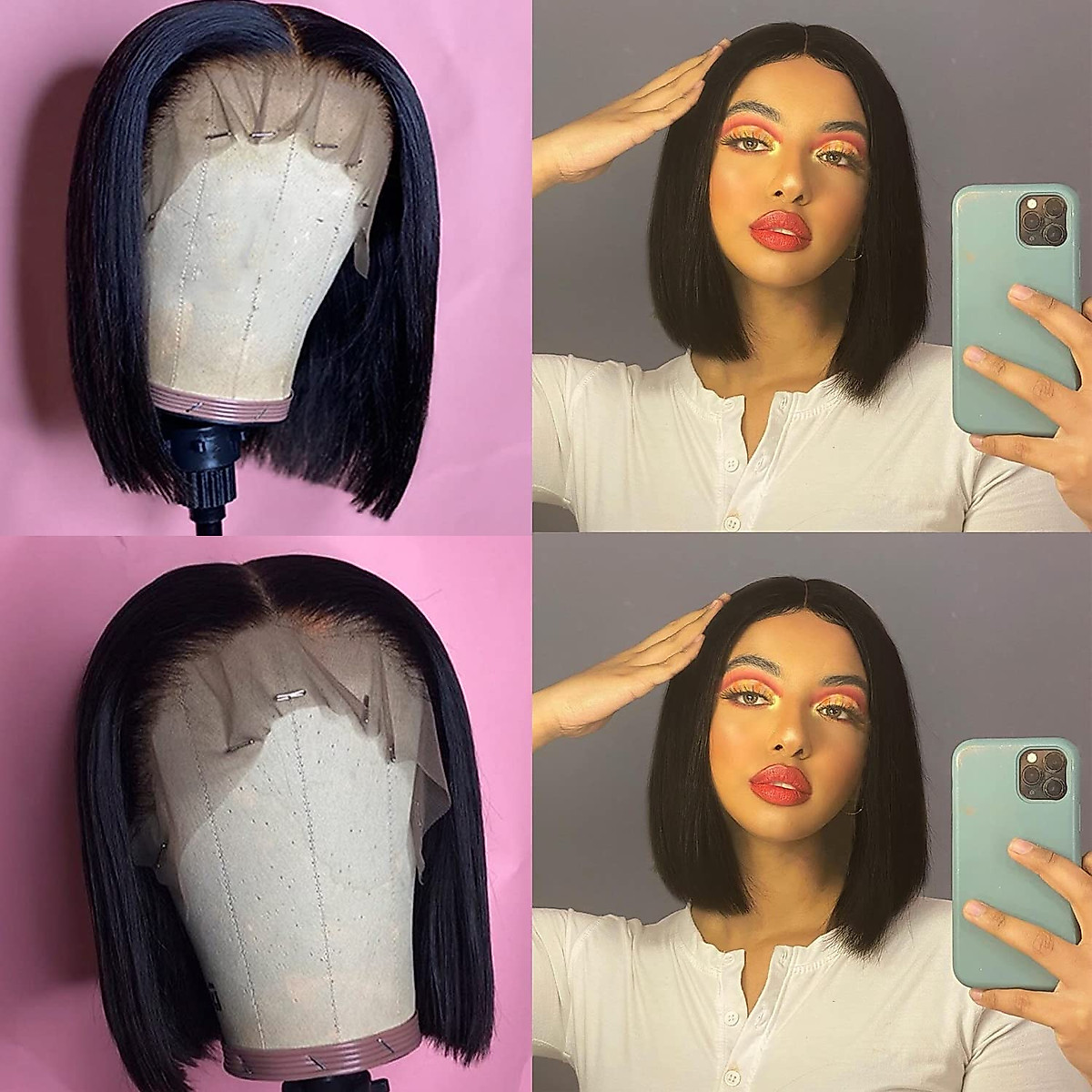 Arabella Bob Wig Human Hair 13X4 HD Lace Front Wigs Straight Wigs Pre Plucked with Elastic Bands Natural Hairline with Baby Hair (8inch, 13x4 Bob)