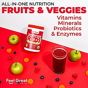 Superfood Reds Powder Fruit & Veggie Powder by Feel Great Vitamin Co. | Reds Superfood Powder with Beet Root Powder, Polyphenols, & Enzymes | Fruit Vegetable Supplements | Berry Flavor, (30 Servings)